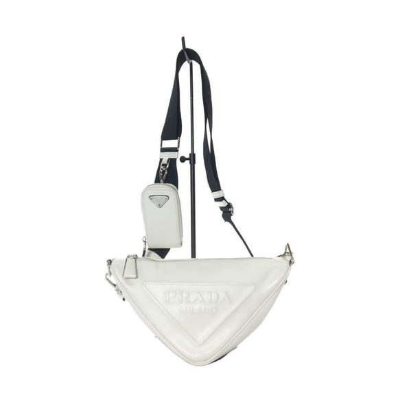 Prada | Bags | Prada Embossed Logo Triangle Leather Shoulder Bag White ...